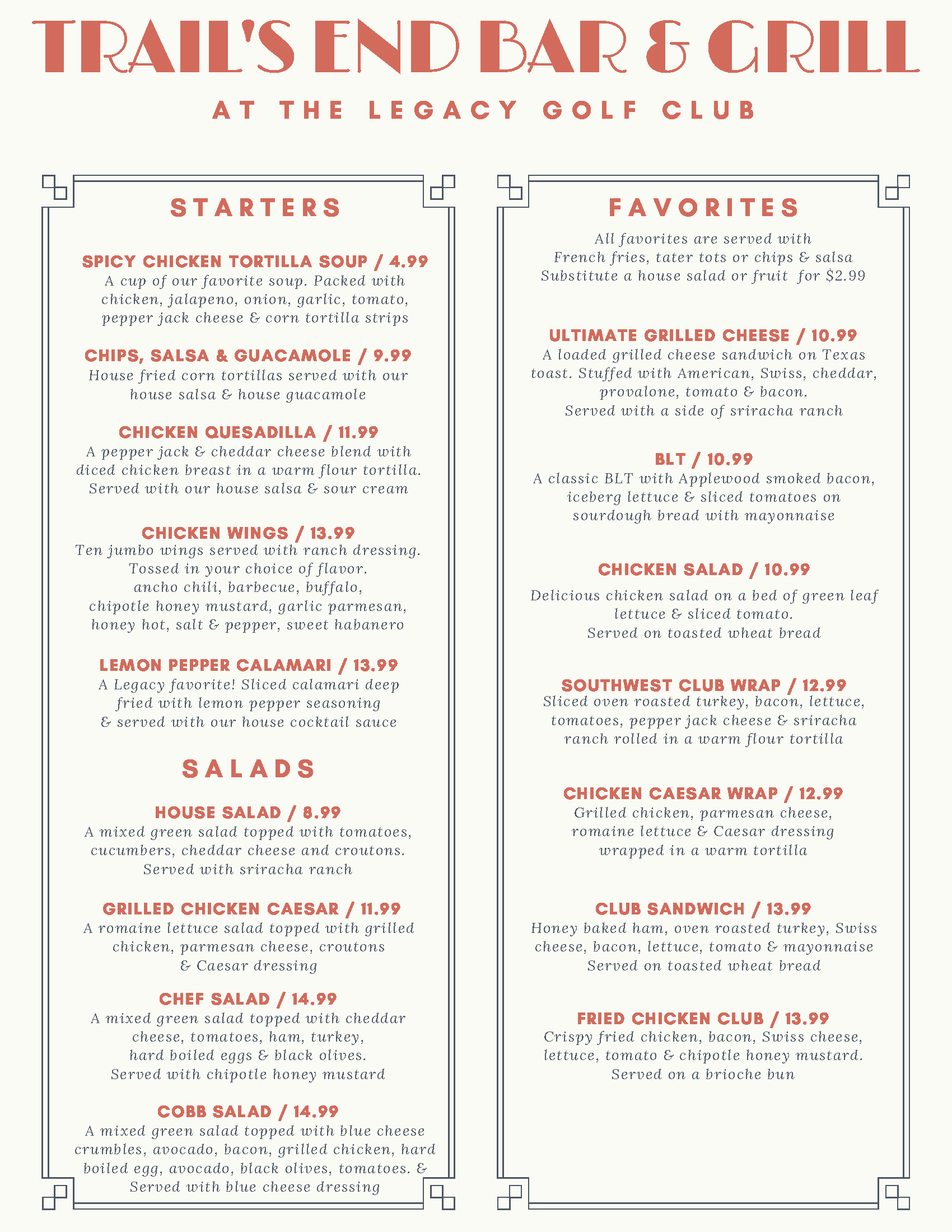 Menu - The Legacy Golf Club