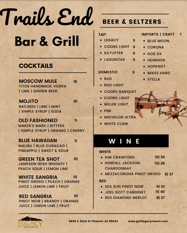 Menu - The Legacy Golf Club